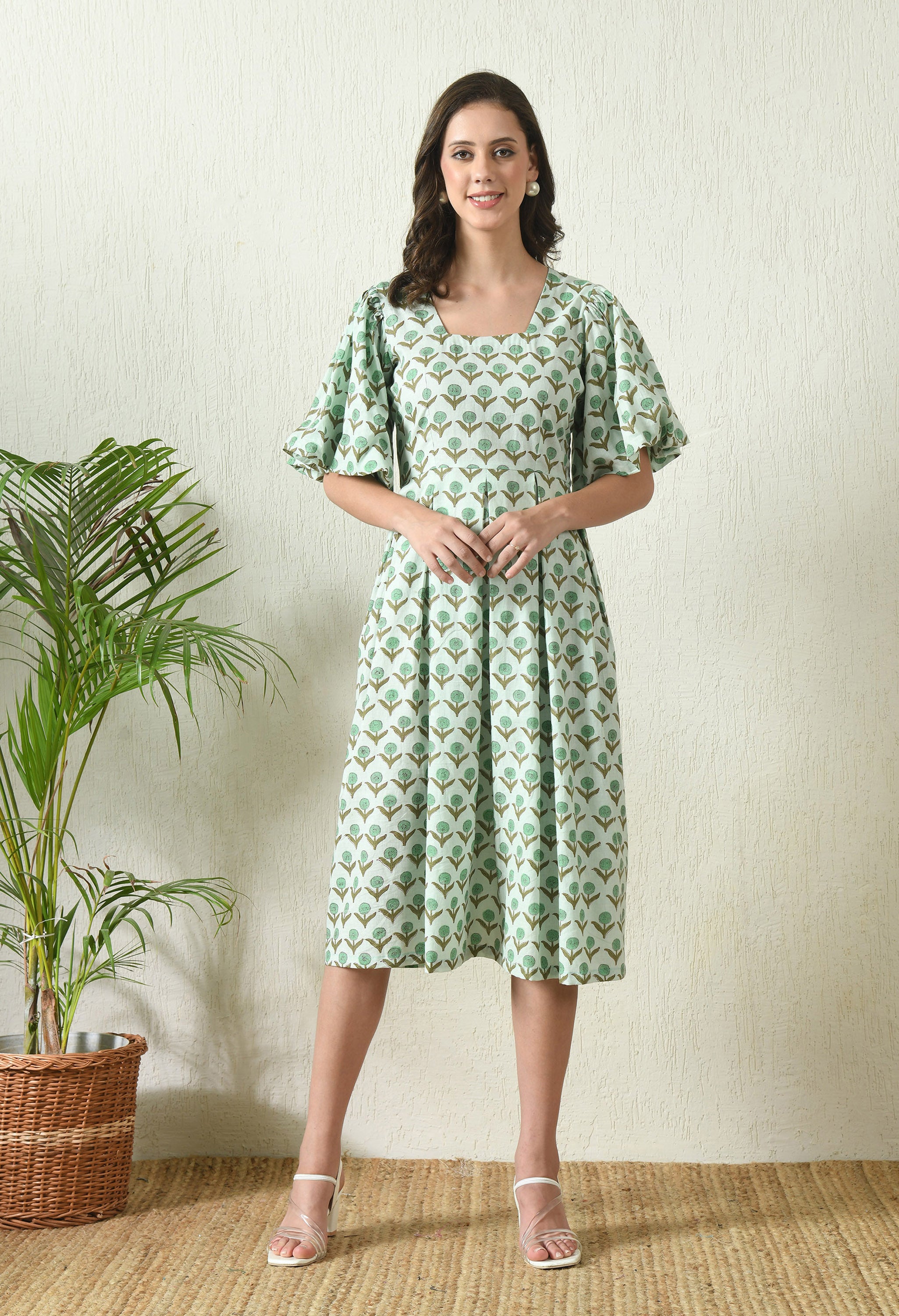 Sea Green Sanganeri Hand Block Printed dress – Tavsi